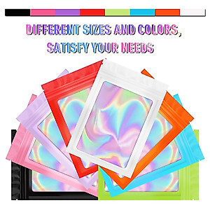 JTIEO 50Pcs Resealable Bags for Food Storage 4x6Inch Holographic Bags with Clear Window Foil Pouch Packaging Bag Self Sealing Bag for Party Favors, Lipgloss, Jewelry, Candy White