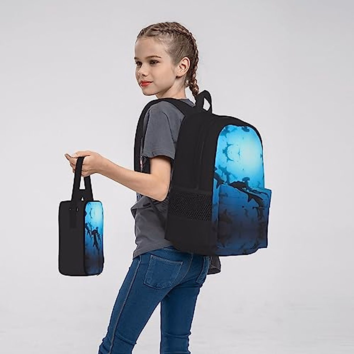MQGMZ Hammerhead Sharks Print Backpack 3 Pcs Set Travel Hiking Lightweight Water Laptop Pencil Case Insulated Lunch Bag