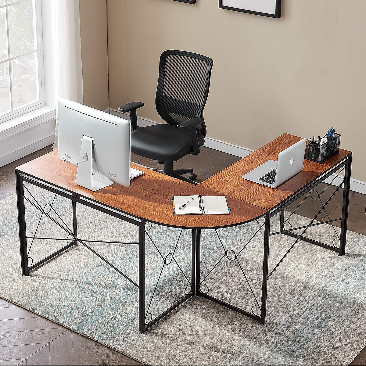 VECELO L Shaped Computer Corner Desk, 59’’x59’’ Large Industrial Home Office Workstation, Multi-Usage Long 2 Person Table, Easy Assembly/Saving Space, Steel Frame&Wooden Grain, Brown