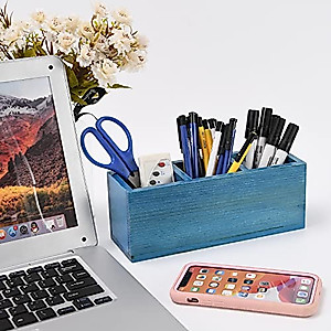 dedoot Wood Remote Holder Desk Organizers, Blue Wooden Pencil Holder Wooden Drawer Organizer 3 Section, Rustic Remote Control Holder for School, Home and Office Supplies, 9x3x3.4 Inches