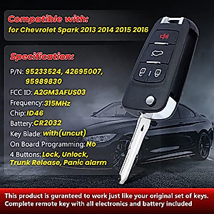 Aichiyu Modified Flip Remote Key Fob Replacement 315Mhz ID46 Chip for Chevrolet Spark 2013 2014 2015 2016 FCC ID: A2GM3AFUS03, P/N: 95233524, 42695007, 95989830
