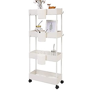 OVAKIA 4-Tier Slim Rolling Utility Cart Storage Shelves Trolley Storage Organizer Shelving Rack with Mesh Baskets/Wheel Casters for Laundry Pantry Bathroom Kitchen Office Narrow Places(White)