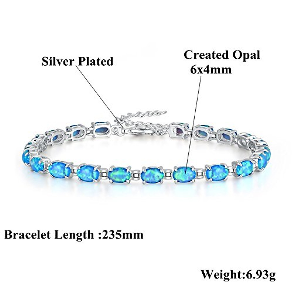 CiNily Blue Fire Opal Tennis Bracelet for Women 14K White Gold Plated Adjustable Oval Shape Gemstone Bracelet Opal Jewelry