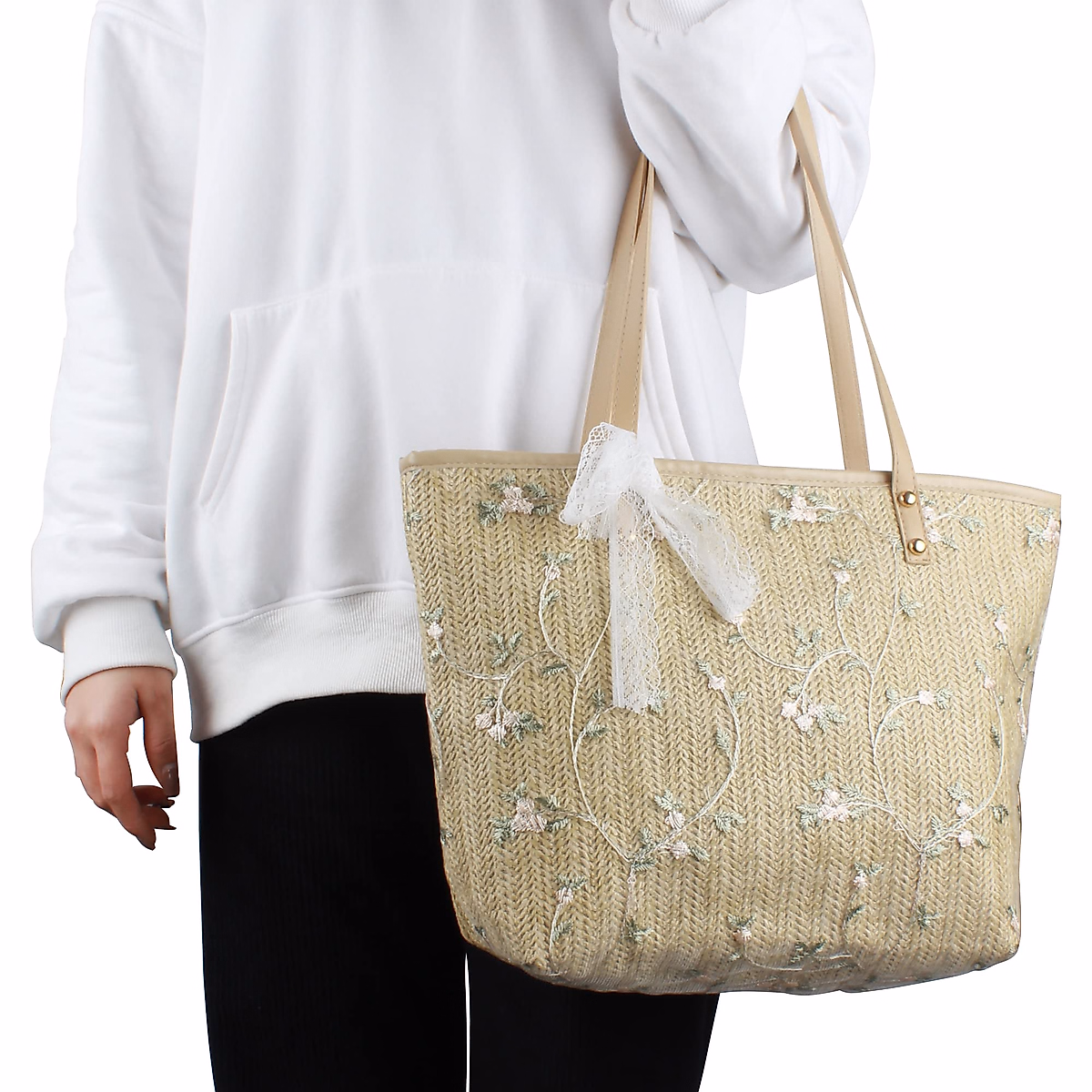 Goclothod Women Flower Embroidered Straw Handbag Lace Woven Large Shoulder Bag Summer Beach Purse