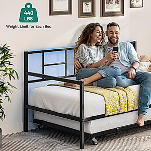 YITAHOME Twin Daybed with RGB LED Lights & Charging Station, Height Adjustable Day Bed Frame with Trundle, Versatile Metal Sofa Bed Frame for Bedroom, Living Room, Guest Room, Black