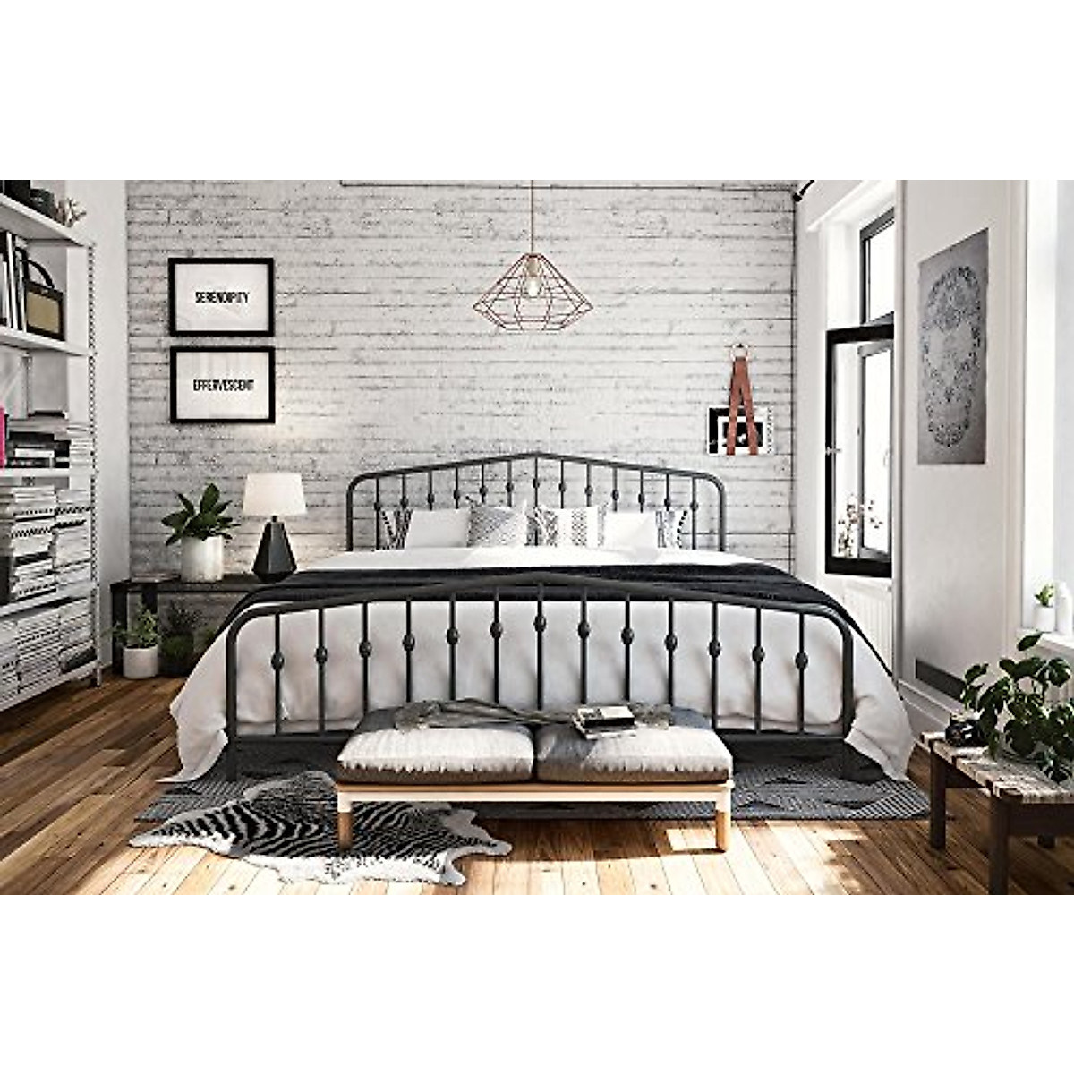 Novogratz Bushwick Metal Bed with Headboard and Footboard | Modern Design | King Size - Grey