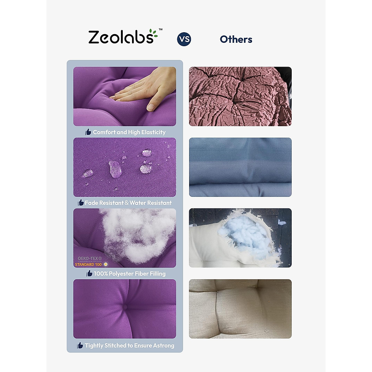 ZEOLABS Outdoor High Back Chair Cushion,Water Resistant Tufted Adirondack Rocking Chair Cushion with Ties,Replacement Seat Cushion for Patio Furniture,Purple