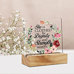 Bible Verse She is Clothed in Dignity and Strength Desk Decor Acrylic Desk Sign Inspirational Scripture Christian Acrylic Plaque Home Office Desk Shelf Decoration 4.7"x4.7"