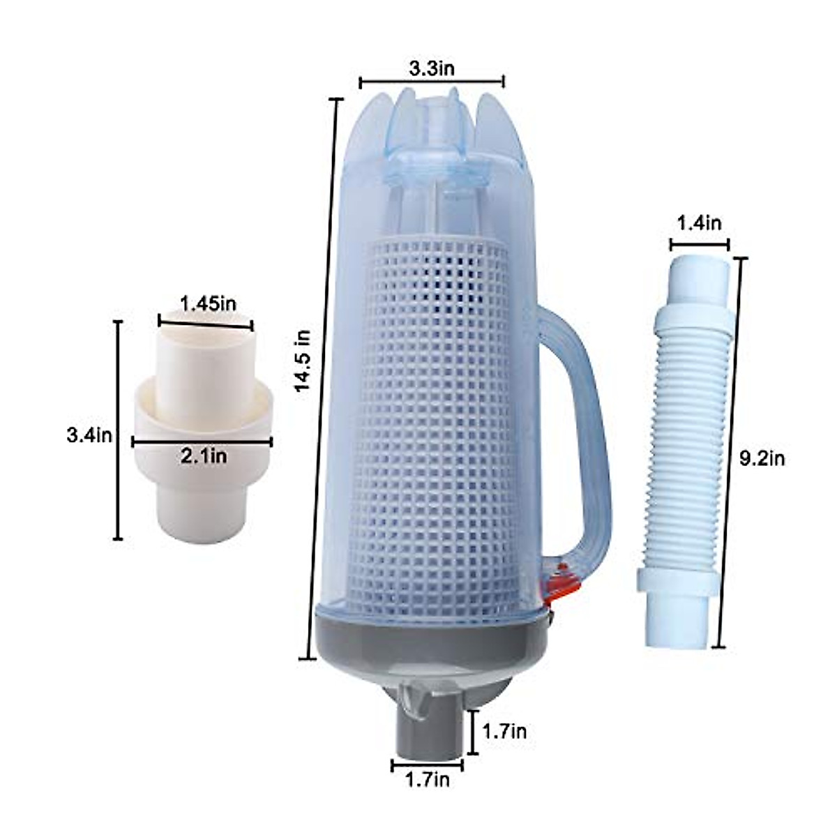 Universal Large In-line Pool Leaf Canister with Mesh Basket Compatible with Hayward, Zodiac Baracuda, Pentair with AXV092 1.5" Hose Connector Adapter Pool and Spa Cleaner (Updated)