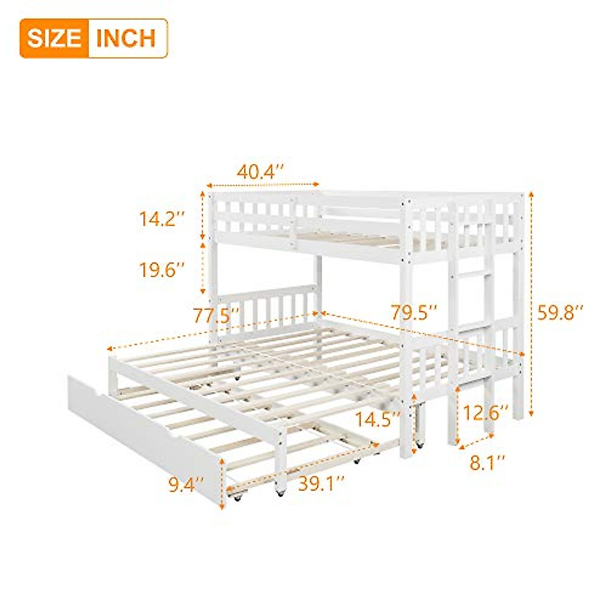 KLMM Twin Over Pull-Out Bunk Bed with Trundle, Wooden Twin Over Twin/Full/Queen/King Accommodate 4 People Extendable Bunk Beds with Ladder and Safety Rail (White)