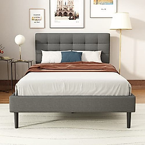 UNIZONE Full Size Upholstered Bed Frame with Tufted Headboard, Platform Bed with Linen Fabric Headboard, Wood Slats Support, Mattress Foundation, No Box Spring Needed, Easy Assembly, Modern, Dark Gray