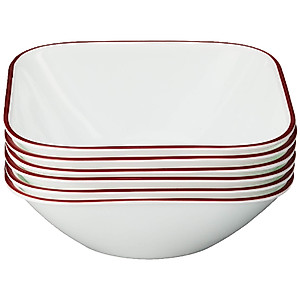 Corelle,Glass 28oz Red Band Bowl 6pk & Vitrelle 6-Piece (22-Oz) Cereal Soup Bowls, Triple Layer Glass and Chip Resistant, Lightweight Square Dinnerware Bowl Set, Splendor