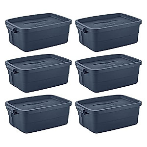 Rubbermaid Roughneck 10 Gallon Rugged Storage Tote in Dark Indigo Metallic with Lid and Handles for Home, Basement, Garage, (6 Pack)