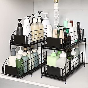 CADUKE Under Sink Rack Organizer with Sliding Drawers Basket Storage, 2 Tier Bathroom Under Cabinet Basket Organizers, 2 Pack Bath Under Sink Storage With Pull Out Metal Drawers, Black