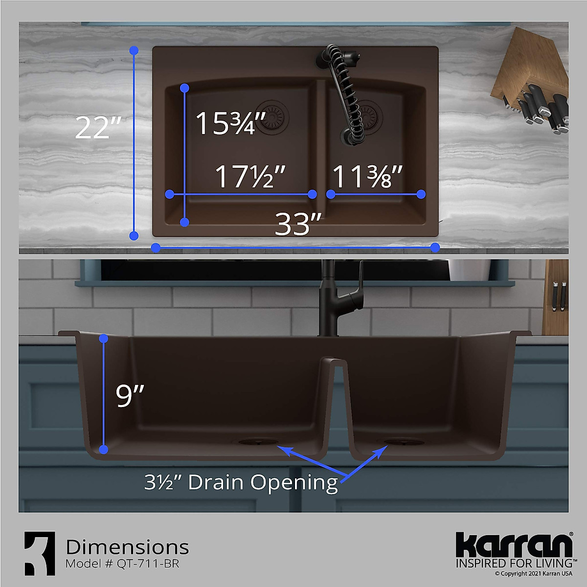 Karran QT-711 Drop-In Quartz Composite 33 in. 1-Hole 60/40 Double Bowl Kitchen Sink Kit in Brown