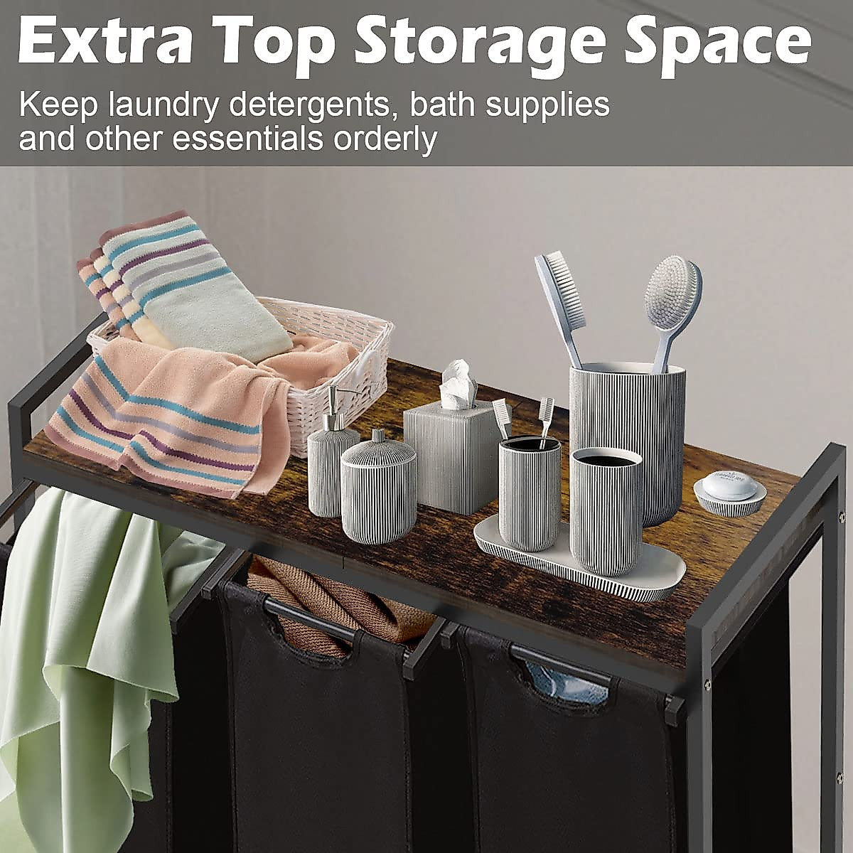 Whoonba Large Laundry Hamper Sorter with 3 Removable & Pull-Out Sorting Bags, Wooden Top Shelf, Versatile Laundry Basket Organizer for Laundry Room, Bathroom, Dorm, 8 * 3 Gal, Black