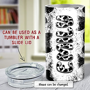 SANDJEST Personalized Cow Can Cooler Cowhide Doodle 4 in 1 Can Holder Skinny Stainless Steel Tumbler Gift for Women Girl Daughter Sister Animal Lovers Farm Girl Christmas Birthday