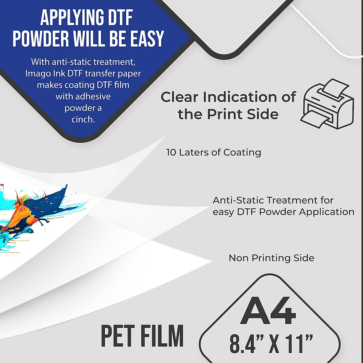 Imago Ink DTF Transfer Film 30 Sheets 8.4 x 11.7 Inches - Double Sided Matte Finish A4 PET Heat Transfer Paper for T Shirts and Clothing - Upgraded Premium Direct to Film for All Fabrics