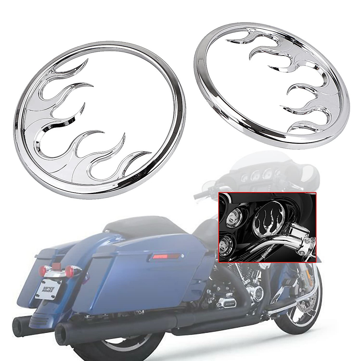 YDLMT 1 Pair Front Chrome Motorcycle Flame Speaker Grill Accent Trim Cover for Harley Touring Electra Street Glide Ultra Limited & Trike 2014-2023