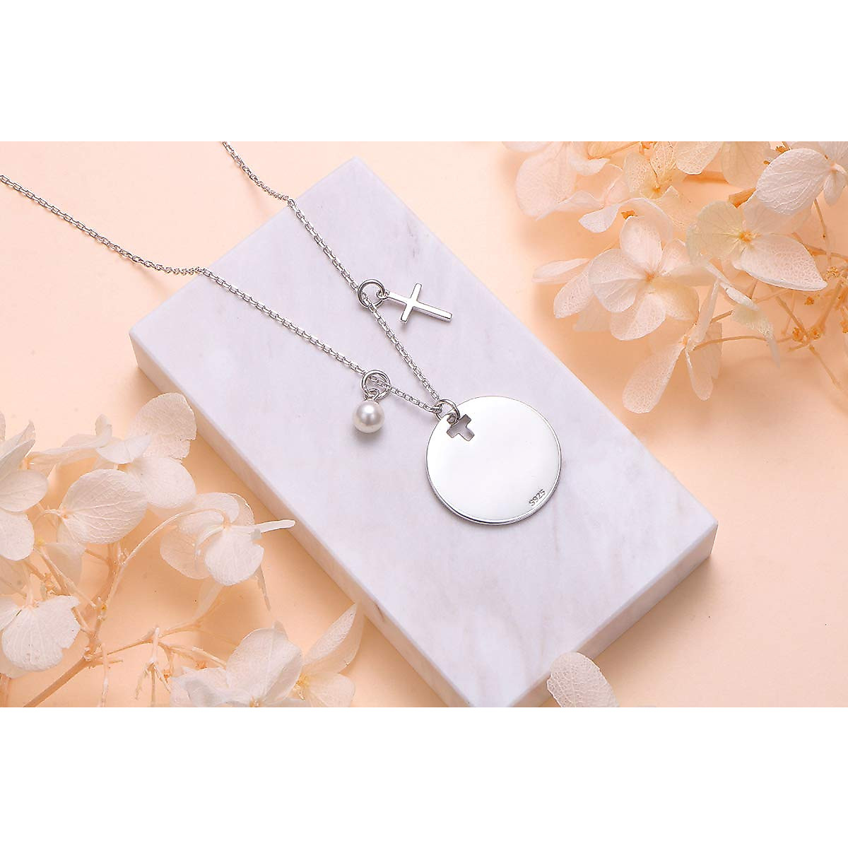 DAOCHONG Easter Gift Religious Jewelry 925 Sterling Silver I Am a Child of God Laser Engraved Round Plate Pendant Necklace with Cross Charm, 18 + 2 inches