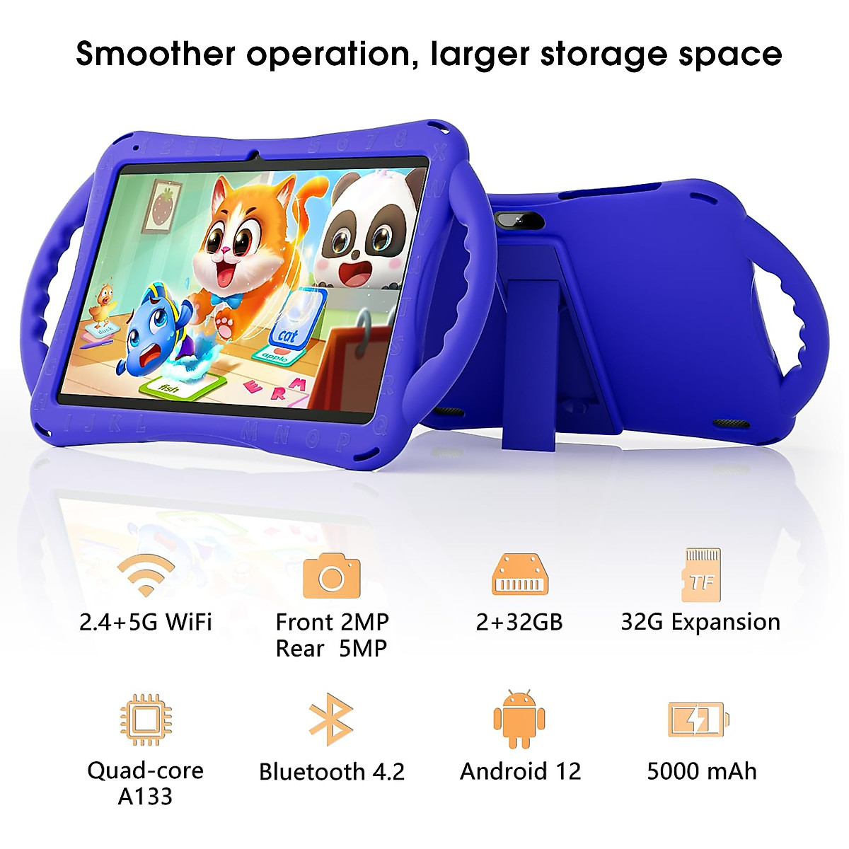 SGIN 10 Inch Tablet for Kids, Android 12 Kids Tablet with Kids Case, 2GB RAM 64GB ROM, 5000mAh, 1280 * 800 Display, Dual Camera, WiFi, Educational Games, Blue Handle Case