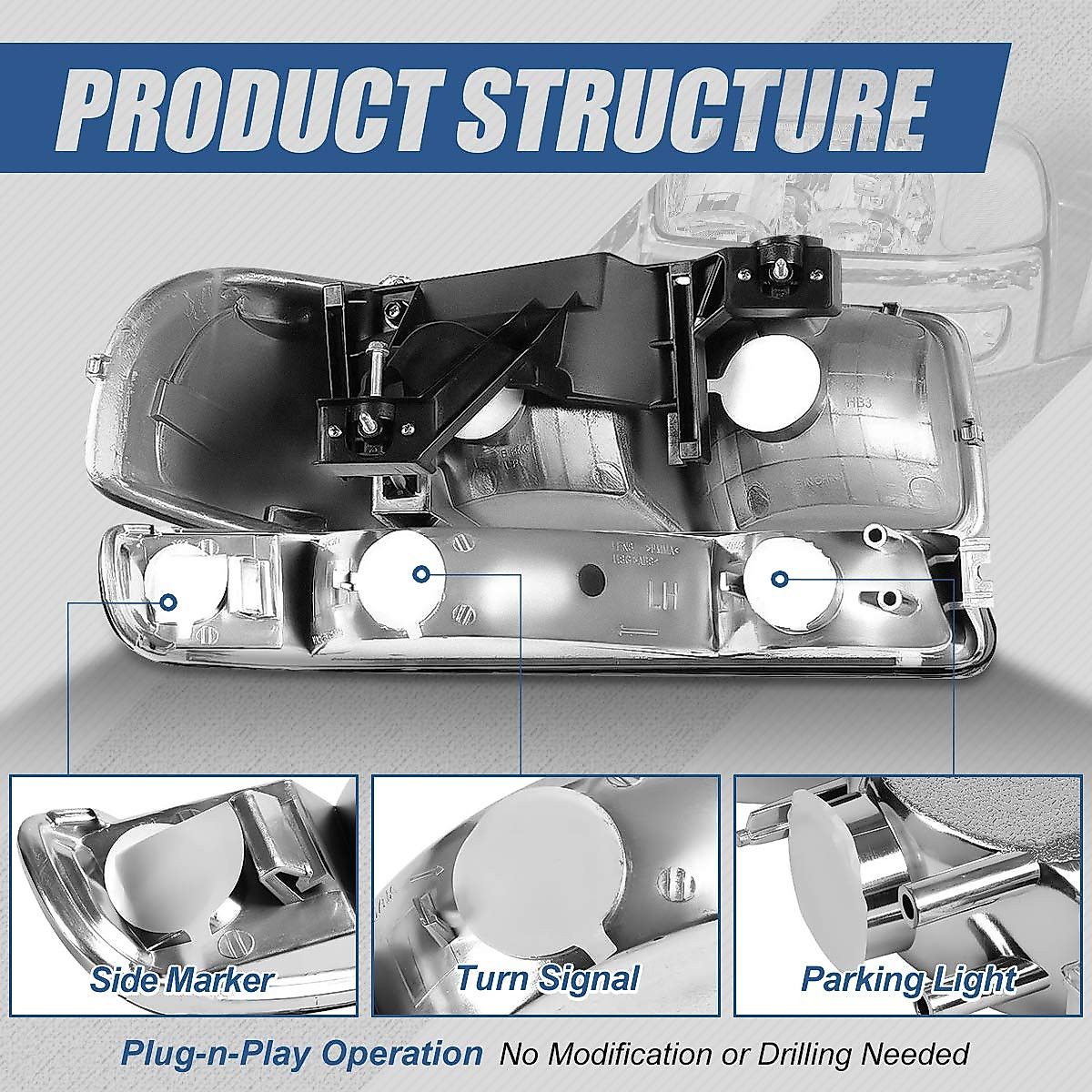 Auto Dynasty 4PCS Factory Style Headlights Assembly and Bumper Lamps Compatible with GMC Sierra Yukon 1500 2500 3500 GMT800 99-07, Driver and Passenger Side, Chrome Housing Clear Corner