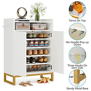 Tribesigns Shoe Cabinet 5-Tier Shoe Storage Cabinet with Open Shelves & Hooks, Freestanding Wooden Shoe Rack Storage Modern Shoe Organizer for Entryway, Hallway (White & Gold)