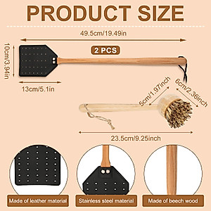 Fly Swatter Sets, 2pcs Leather Flyswatter+1pc Brush, Manual Heavy Duty Fly Swatter with Long Wooden Handle Hollow Out Wasp Swatter for Home Indoor Outdoor (Brown+Black)
