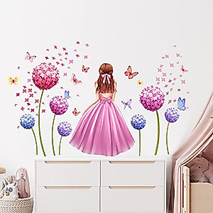 Pink Flower Wall Sticker Butterfly Fairy Girl Wall Decals DIY Purple Princess Wall Stickers Removable Dandelion Floral Wall Decals Waterproof Wall Mural for Kids Nursery Bedroom