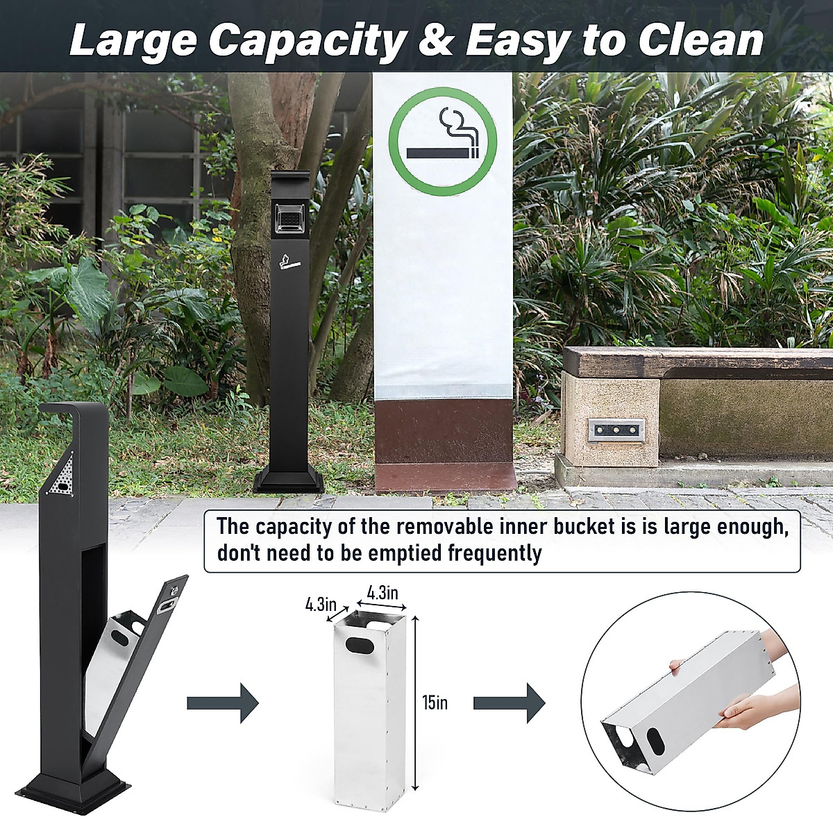 RDUIGT Commercial Butt Receptacle Outdoor Trash Can Black Standing Vertical Ash Bin for Porch Backyard Garage Hotel Driveway Bar