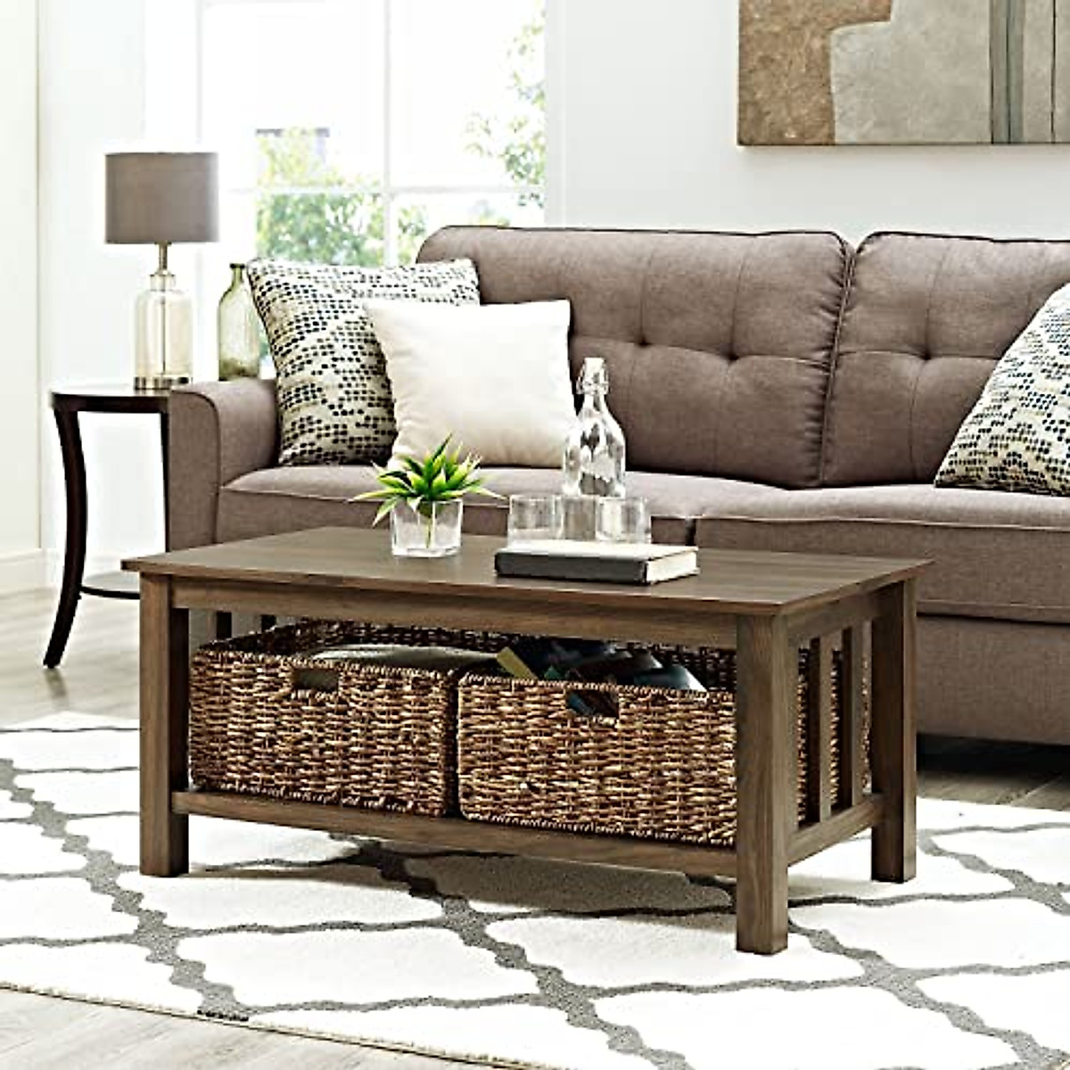 Walker Edison Alayna Mission Style Two Tier Coffee Table with Rattan Storage Baskets, 40 Inch, Dark Walnut