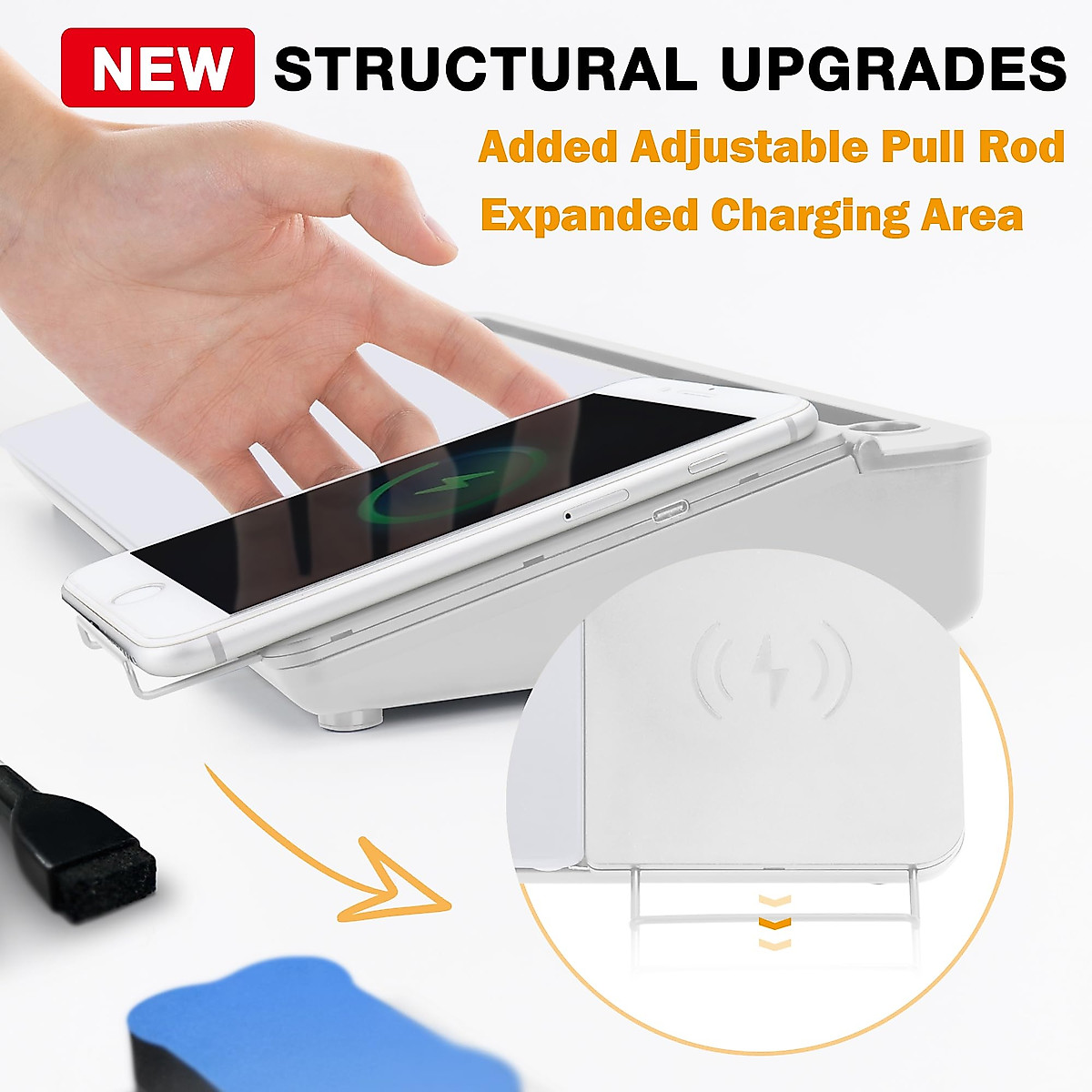 SELEAD Desktop Glass Whiteboard with Wireless Charger Station & Built-in Mirror, Dry Erase Board Computer Pad Keyboard Stand with Organizer for Home, School, Office Desk Accessories, White