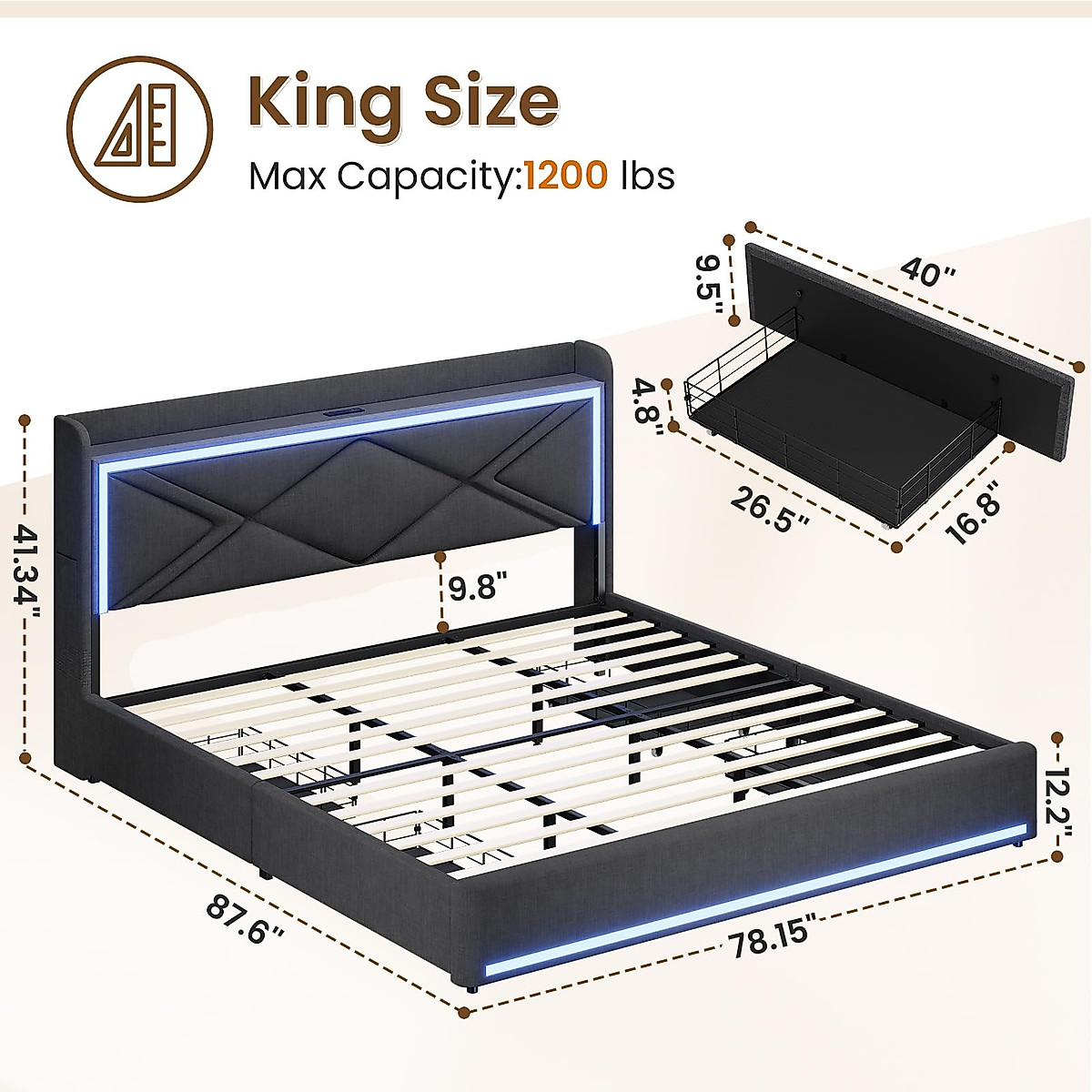 BTHFST King Bed Frame with LED Lights Headboard & USB-C/A Charging Station, Modern Upholstered King Size Platform Bed with Storage Drawers, No Box Spring Needed, Dark Gray
