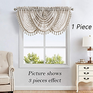 Central Park Linen Waterfall Valance Window Curtain Linen Texture White GEO Embroidery Rod Pocket for Living and Bedroom Semi Sheer Kitchen Curtain, 56"x38", 1 Piece