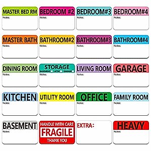 500 pcs 20 Designs Pre-Printed Color-Coded Home Moving Packing Box Labels with Writable Notes Areas, Each Measures 2” x 3”