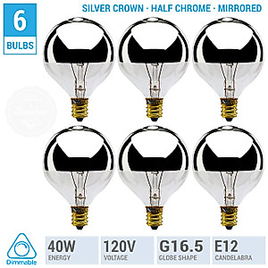 KOR (6 Pack) G16 1/2/SL Incandescent Light Bulb, Silver Half Chrome Crown with Mirror Finish, Dimmable, 120 Volts, G16 Lamp Shape, Candelabra Base, E12 Base, 1500 Hours Rated. (40 Watt (6 Pack))
