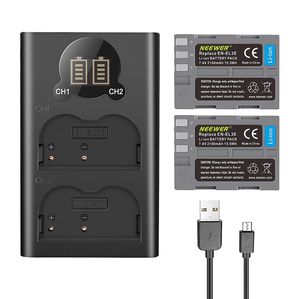 Neewer 2100 mAh Replacement Battery for Nikon EN-EL3e with Dual USB Charger with LCD Display Compatible with Nikon D50 D70 D70s D80 D90 D100 D200 D300 D300s D700