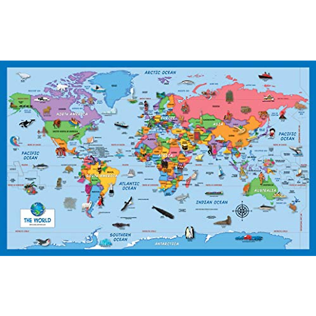 3 Pack - Illustrated World Map & USA Map for Kids + World Map Poster [Blue Ocean] (Laminated, 18" x 29")