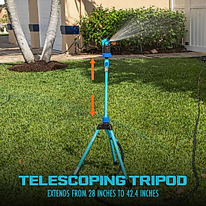 Aqua Joe AJ-6PSTB-MAX HD Sprinkler & Mister W/Metal Tripod Base, 6 Patterns, 4100 Sq. Ft. Coverage, Blue