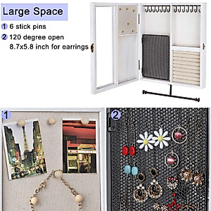 Keebofly Wall Mounted Jewelry Organizer With Rustic Wood Large Space Jewelry Cabinet, Holder, Storage Box for Necklaces, Earrings, Bracelets, Ring Holder, and Accessories White