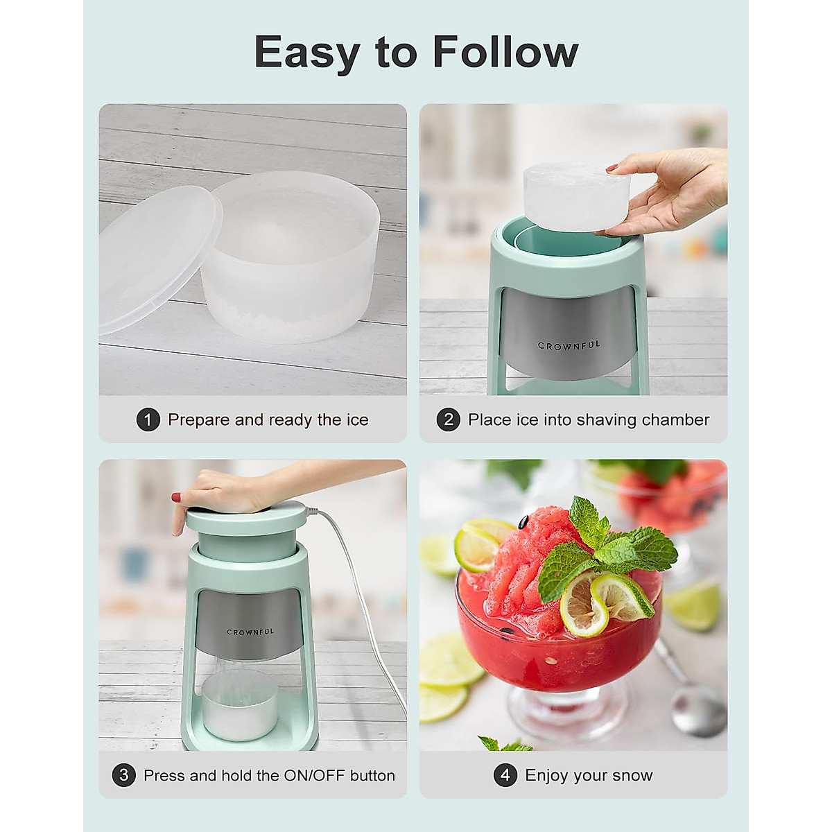 CROWNFUL Shaved Ice Machine, Snow Cone Machine with 2 Ice Cups, Ice Shaver Machine for Snow Cones, Snowballs, Frozen Cocktails and More, Easy to DIY with Snow Cone Syrup at Home