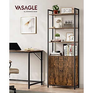 VASAGLE 6-Tier Bookshelf, Tall Bookcase with Door, Steel Frame, Adjustable Shelves, 9.4 x 23.6 x 62.8 Inches, Living Room Bedroom, Rustic Brown and Ink Black ULLS133K01