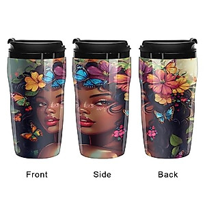 African Am-erican Flower Black Women Travel Coffee Mug Reusable Coffee Cup Tumbler with Lid for Outdoor 250ml