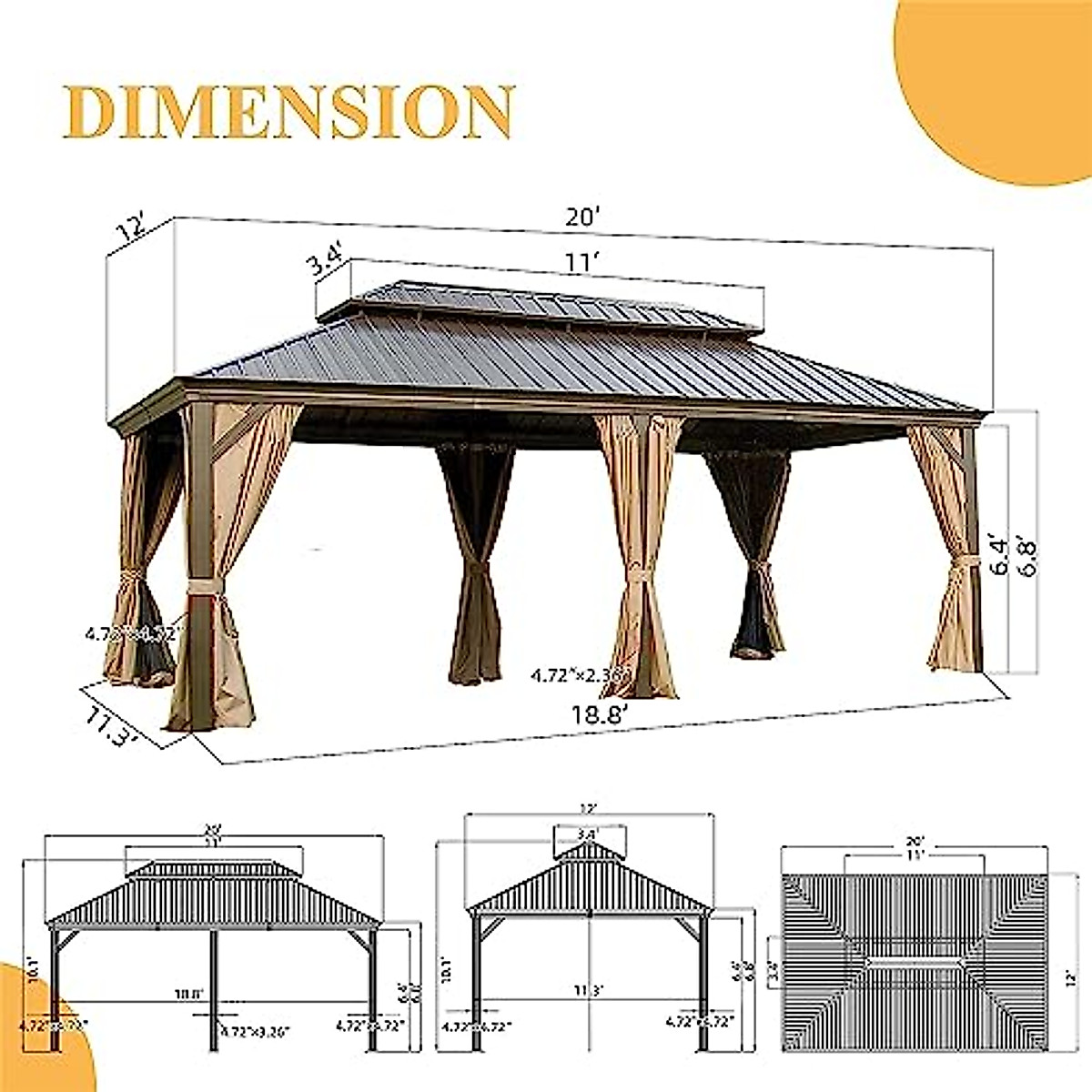 Jaxenor Outdoor Aluminum Frame Canopy - 12'x20' Hardtop Gazebo with Galvanized Steel Double Roof - Brown Pavilion for Patio, Backyard, and Lawn - Includes Curtains and Netting