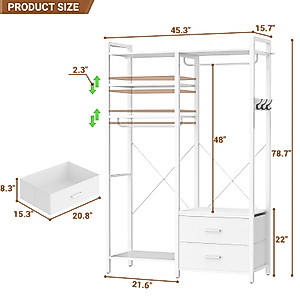 Clothes Rack for Hanging Clothes - Reversible Clothing Rack with 2 Drawers, Heavy Duty Garment Rack with Shelves, 6 Tiers Freestanding Portable Closet Wardrobe System with Hanging Hooks, White