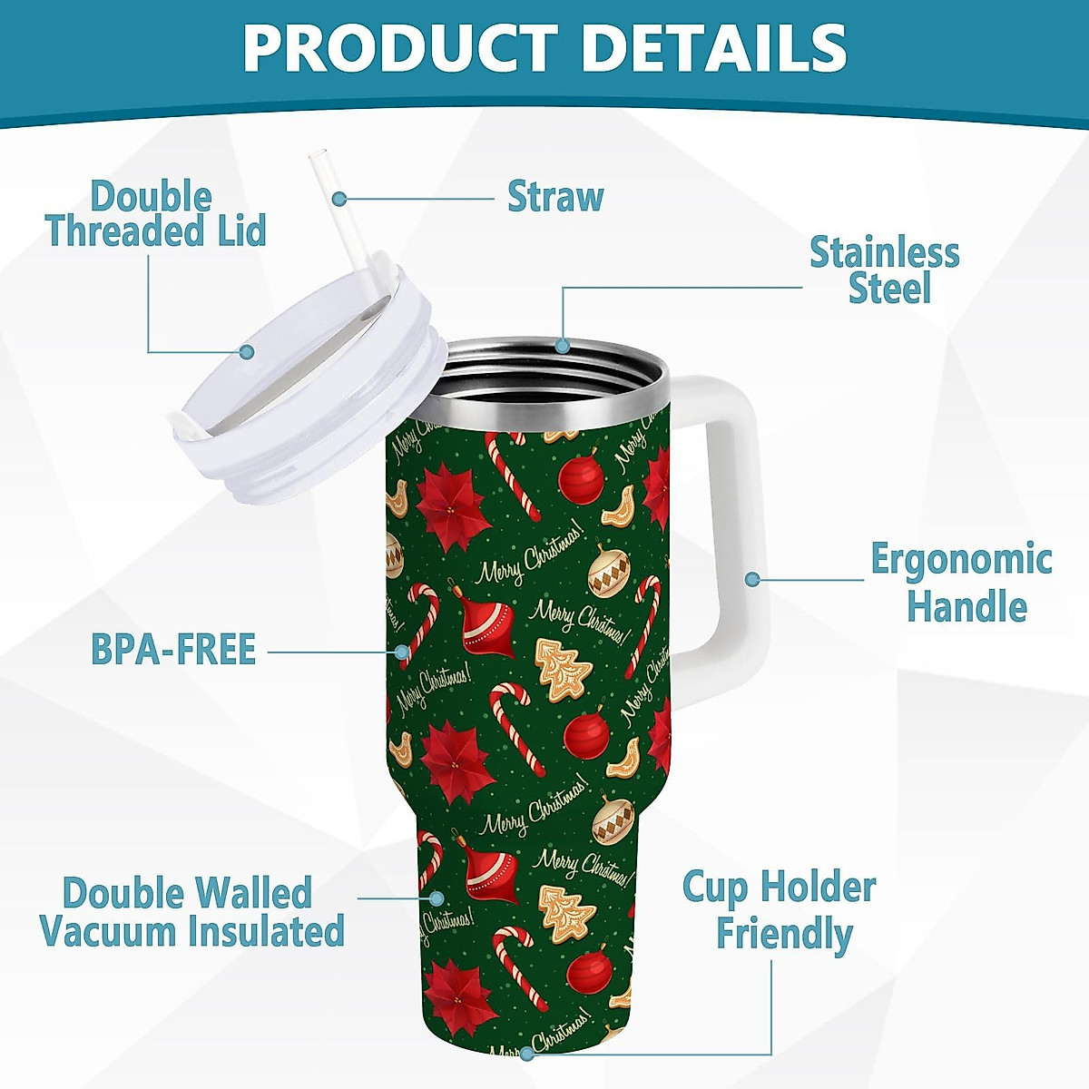 Emelivor Merry Christmas Tree Candy 40 oz Tumbler with Lid and Straw Insulated Tumblers with Handle Thermal Stainless Travel Coffee Mug Cup Water Bottle for Hot and Iced Cold Drinks