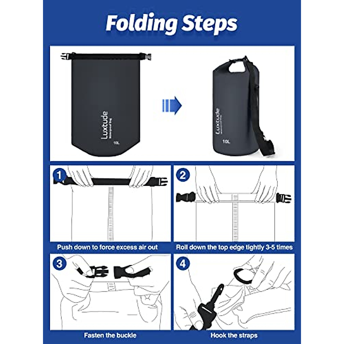 Luxtude Waterproof Dry Bag for Women Men, 5L Thicker Waterproof Backpack with Phone Case, Roll Top Floating Marine Dry Bags for Kayaking, Rafting, Hiking, Swimming, Boating, Beach etc. (Black)