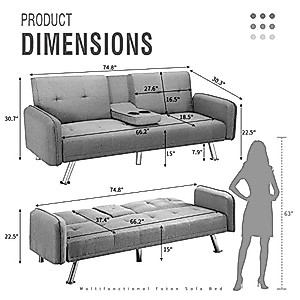 IULULU Futon Sofa Bed, Convertible Couch with 2 Cup Holders, Loveseat with Armrest for Studio, Apartment, Office, Living Room, Light Grey