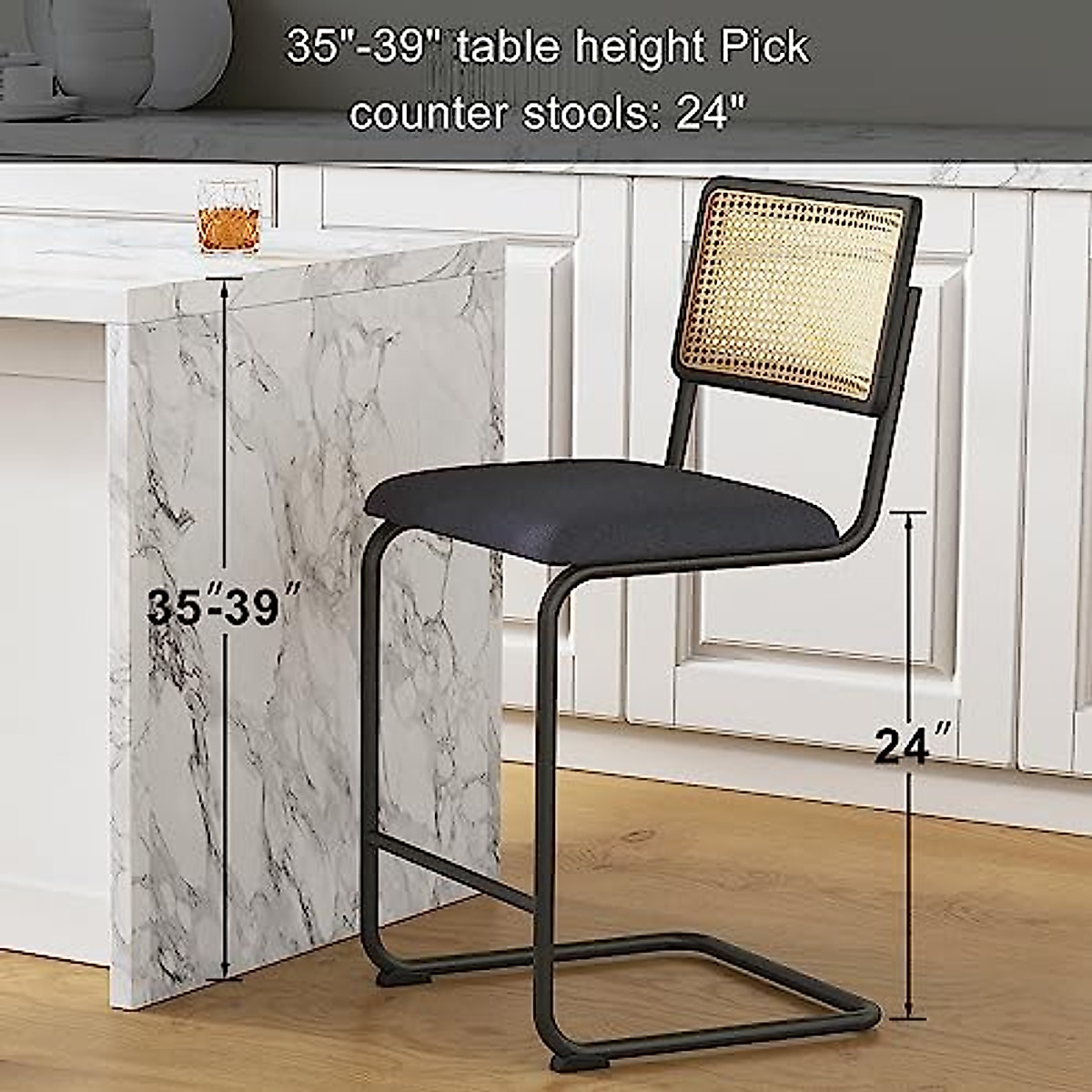 Modern Counter Height Bar Stools Set of 2 with Natural Rattan Cane and Solid Wood Backs, Boucle Fabric Upholstery with Metal Chrome Legs Mid Century Bar Chairs (Black, 2PCS-24'' Counter Height Stool)