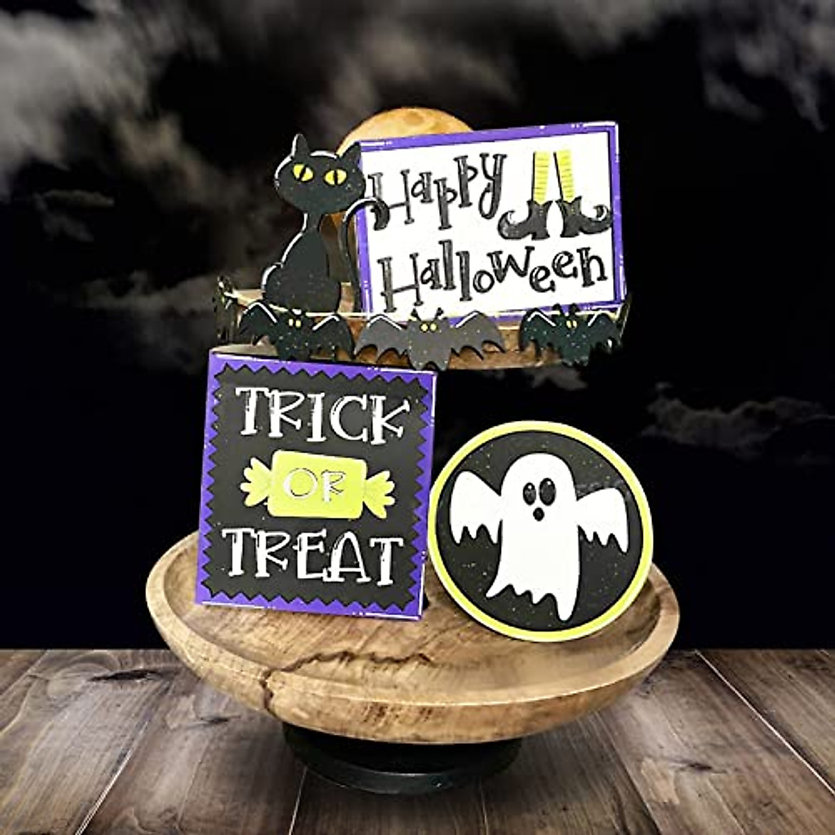 9 Pcs Halloween Tiered Tray Decorations,Halloween Signs for Halloween Home and Office Decor,Halloween Tray Decor with Witch Hat,Ghost,Bat,Tombstone,Pumpkin (7)